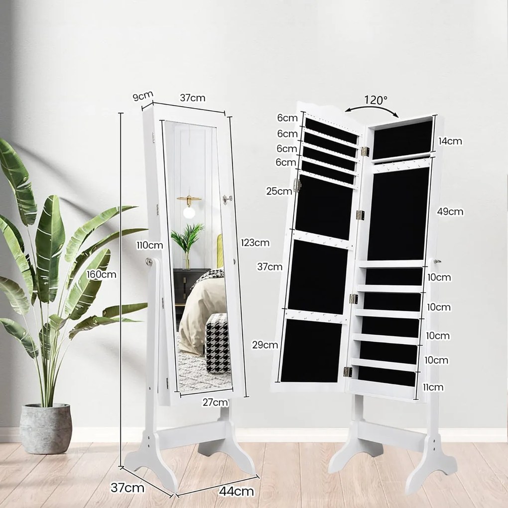 Costway Uzamykatelná skříňka na šperky stojící design s nastavitelným úhlem