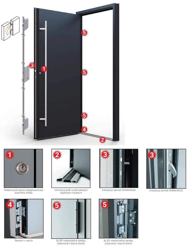 Hliníkové vchodové dveře FM Turen Premium P90 M11 červenohnědá RAL3099 Orientace dveří: Levé, otevírání dovnitř, Standardní rozměr dveří včetně rámu: 100 cm x 200 cm - vnější rozměr rámu