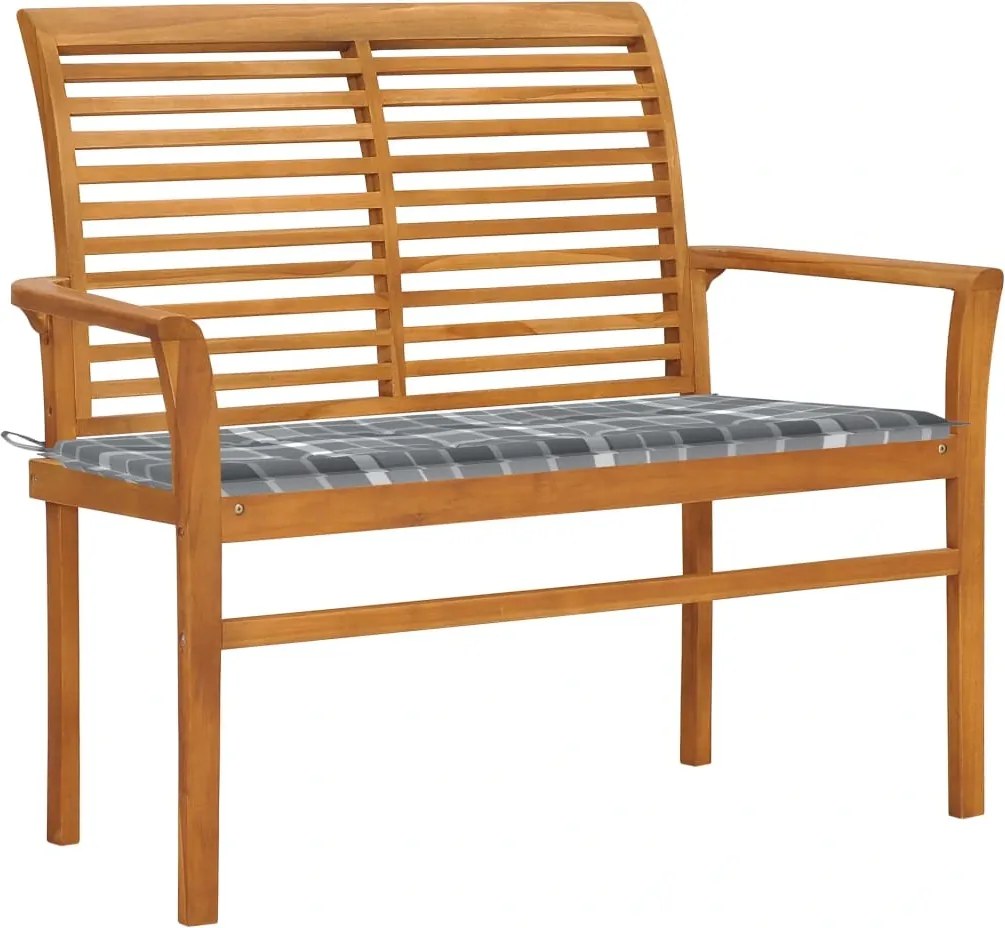 vidaXL Marketos Zahradní lavice s šedou károvanou poduškou 112 cm masivní teak