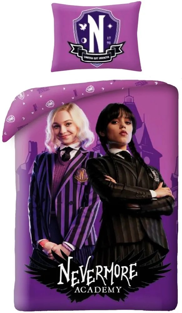 Ložní povlečení z mikrovlákna Wednesday - motiv Nevermore Academy - 140 × 200 cm + 70 × 90 cm - zip