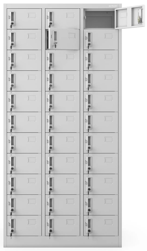 Plechová šatní skříň s 33 boxy OLIVER, 900 x 1850 x 450 mm, šedá