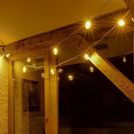 LED párty světla na baterie 5 m, 10 teple bílých diod, průhledné baňky, transparentní, 3× AA, IP20 interiér