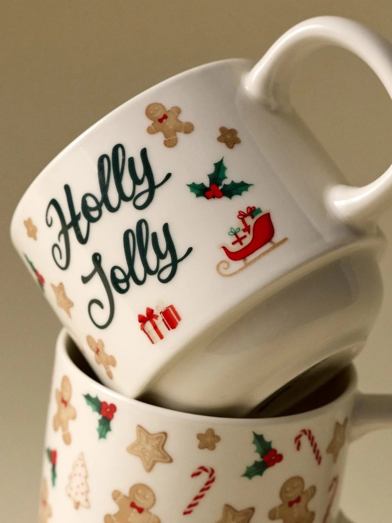 Sinsay - Vánoční keramické hrnky s motivem perníčků a nápisem „Holly Jolly“ 2 ks - vícebarevná