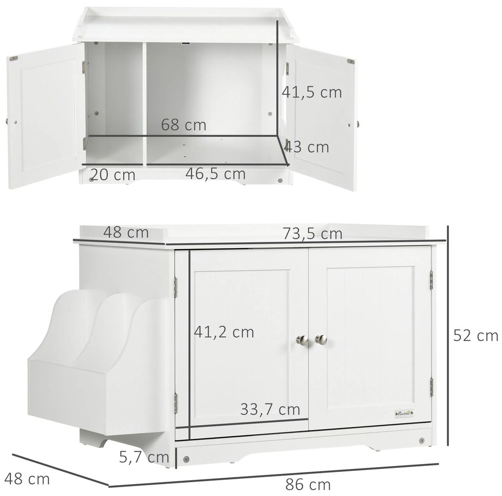 Skříňka pro kočky PawHut s nastavitelnou přepážkou a magnetickými dvířky, bílá 86x48x52cm pro stylové bydlení koček
