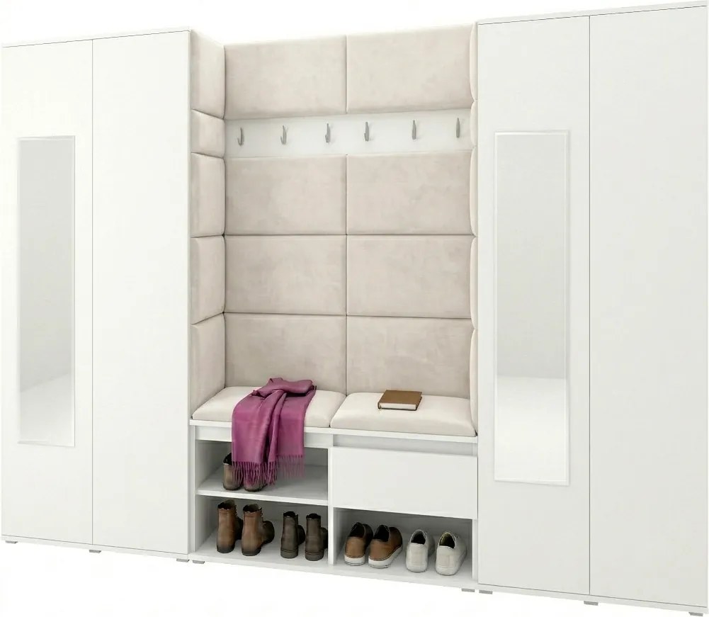 Předsíňová stěna Trinity 10 s čalouněnými panely, 280 cm, bílá / krémově bílá