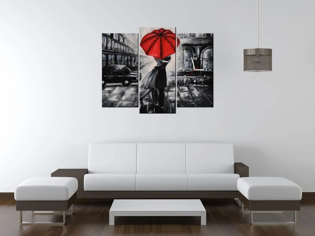Gario Obraz s hodinami Červený polibek v dešti - 3 dílný Rozměry: 90 x 70 cm