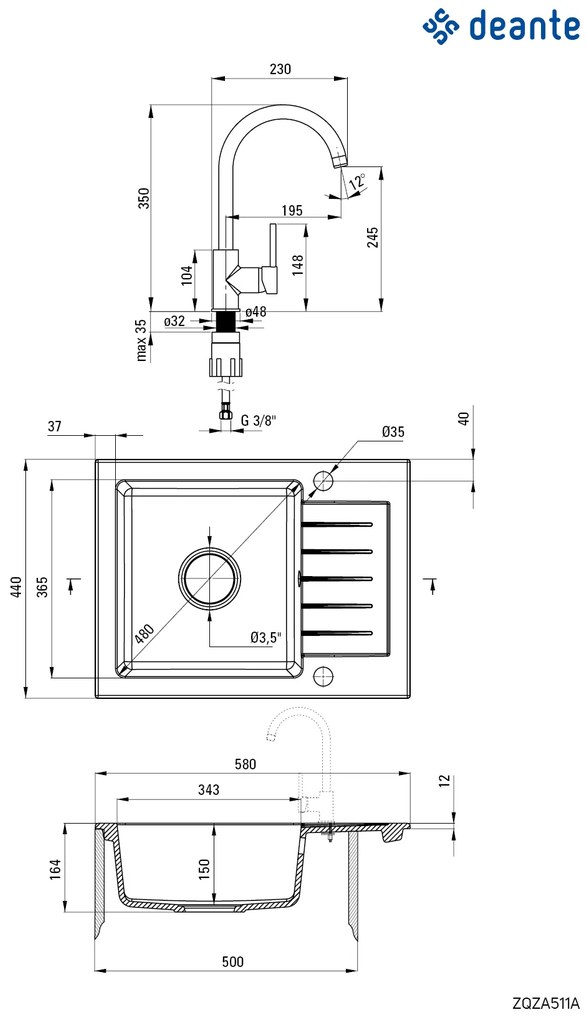 Deante Dřez Zorba s dřezovou baterií, granit - antracit metalic