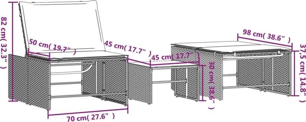 vidaXL Zahradní lehátka 2 ks se stolkem šedá polyratan [368424]