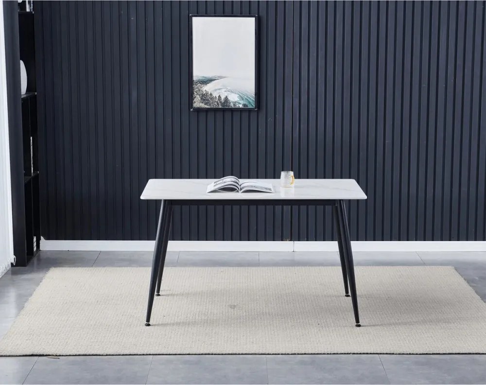 Stůl jídelní, deska slinutý kámen v imitaci matného mramoru, černé kovové nohy (130 x 70) cm