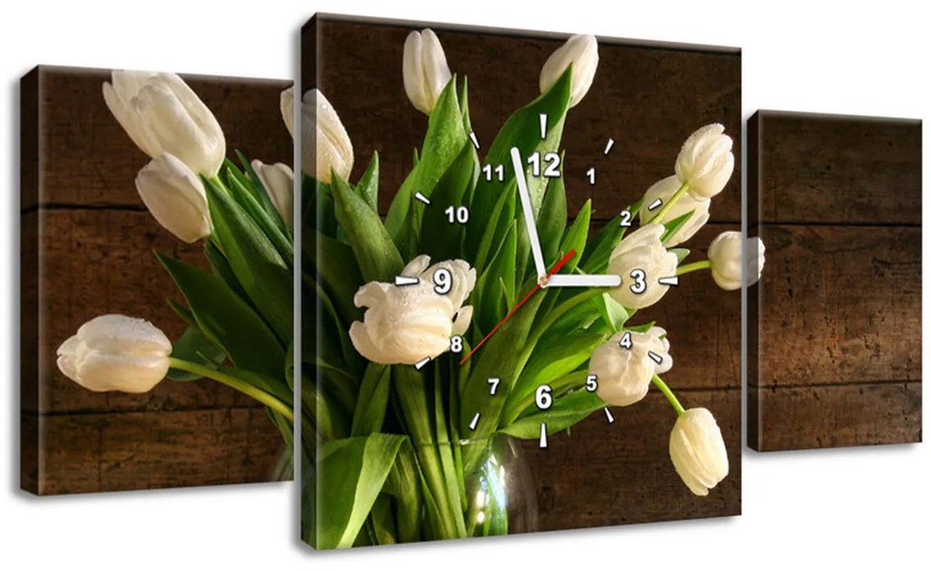 Gario Obraz s hodinami Okouzlující bílé tulipány - 3 dílný Rozměry: 90 x 30 cm