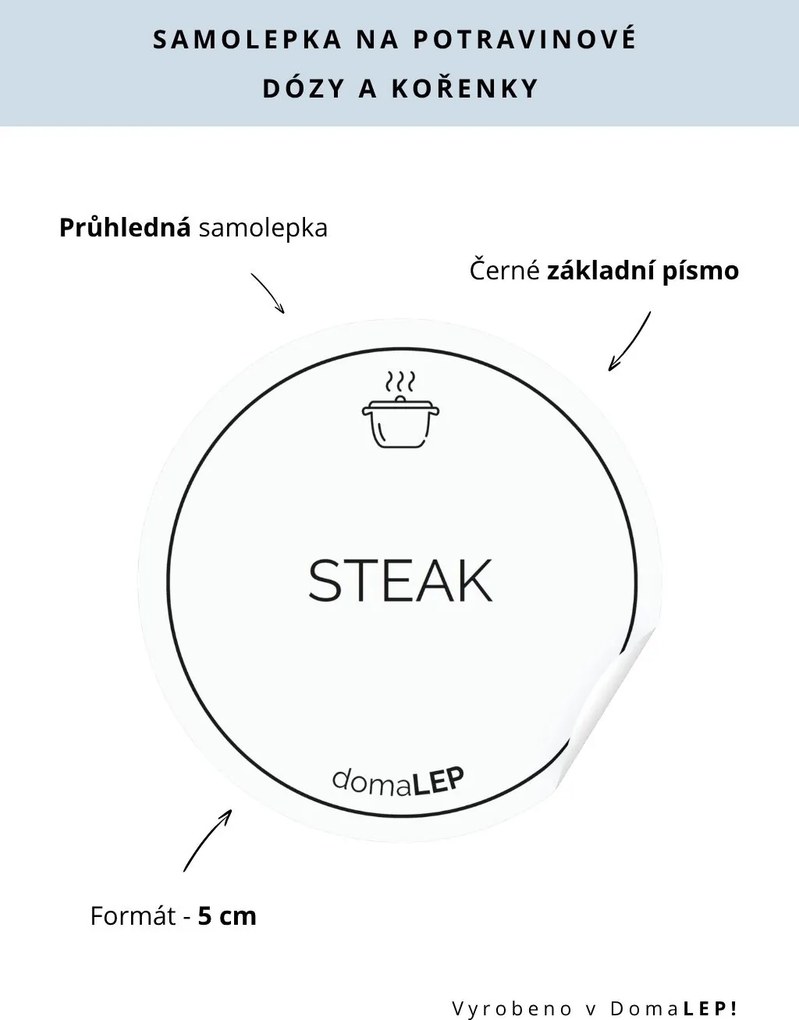 Samolepka na kořenky STEAK průhledná 5 cm základní písmo