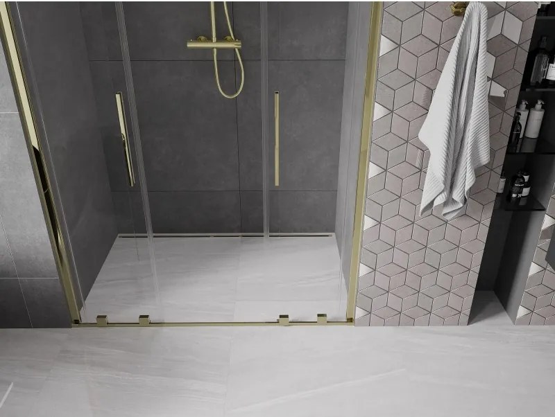 Mexen Velar L Duo, posuvné sprchové dveře do otvoru 160 cm, 8mm čiré sklo, zlatá lesklá, 871-160-003-02-50
