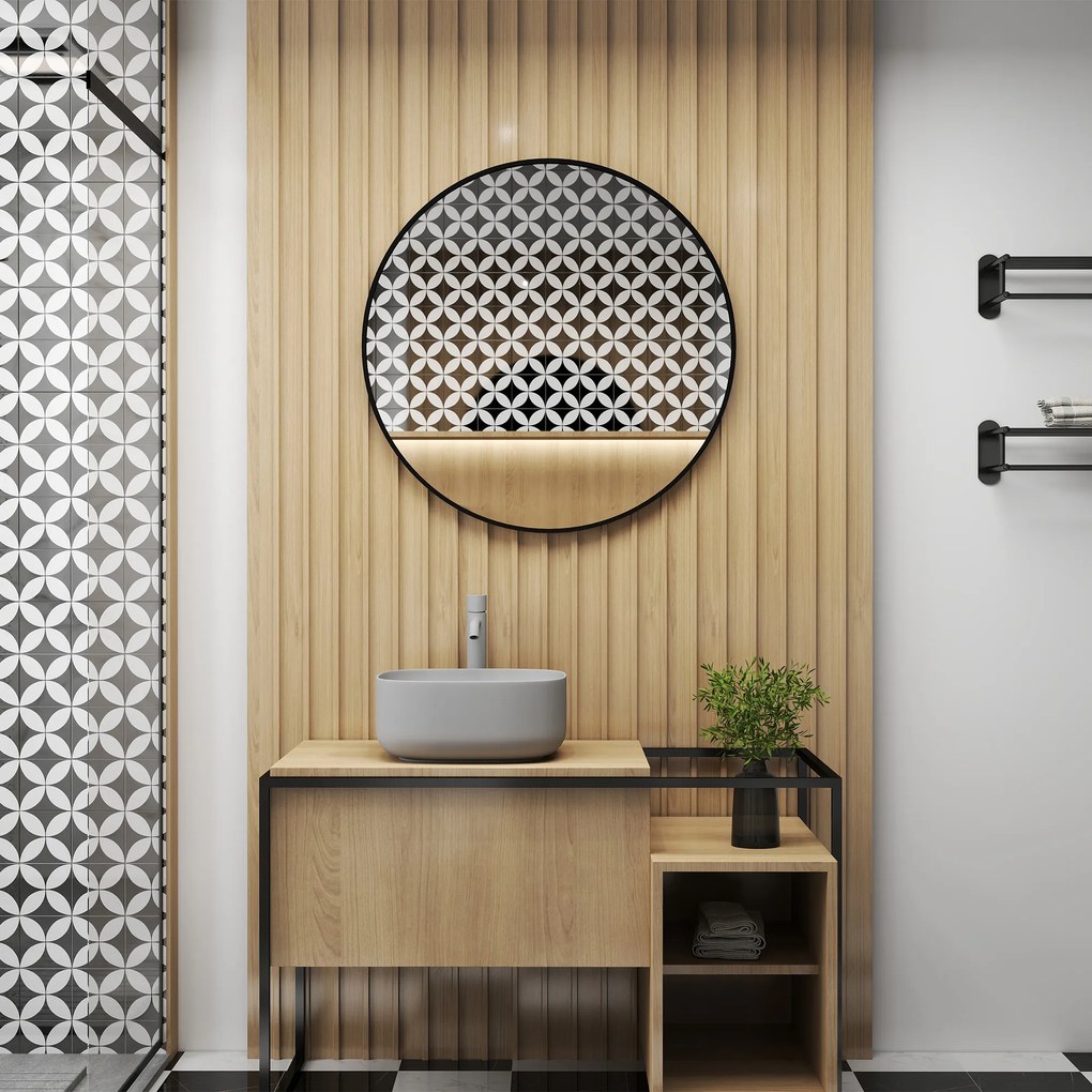 HOMCOM Kolo zrcadlo, koupelnové zrcadlo, průměr 70 cm, kovový rám, nástěnné zrcadlo, snadná instalace, pro ložnici, obývací pokoj, vstup, černé