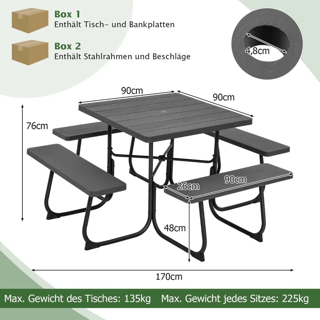 Costway Kulatý piknikový stůl s 4 lavicemi a otvorem na deštník pro 8 – černý
