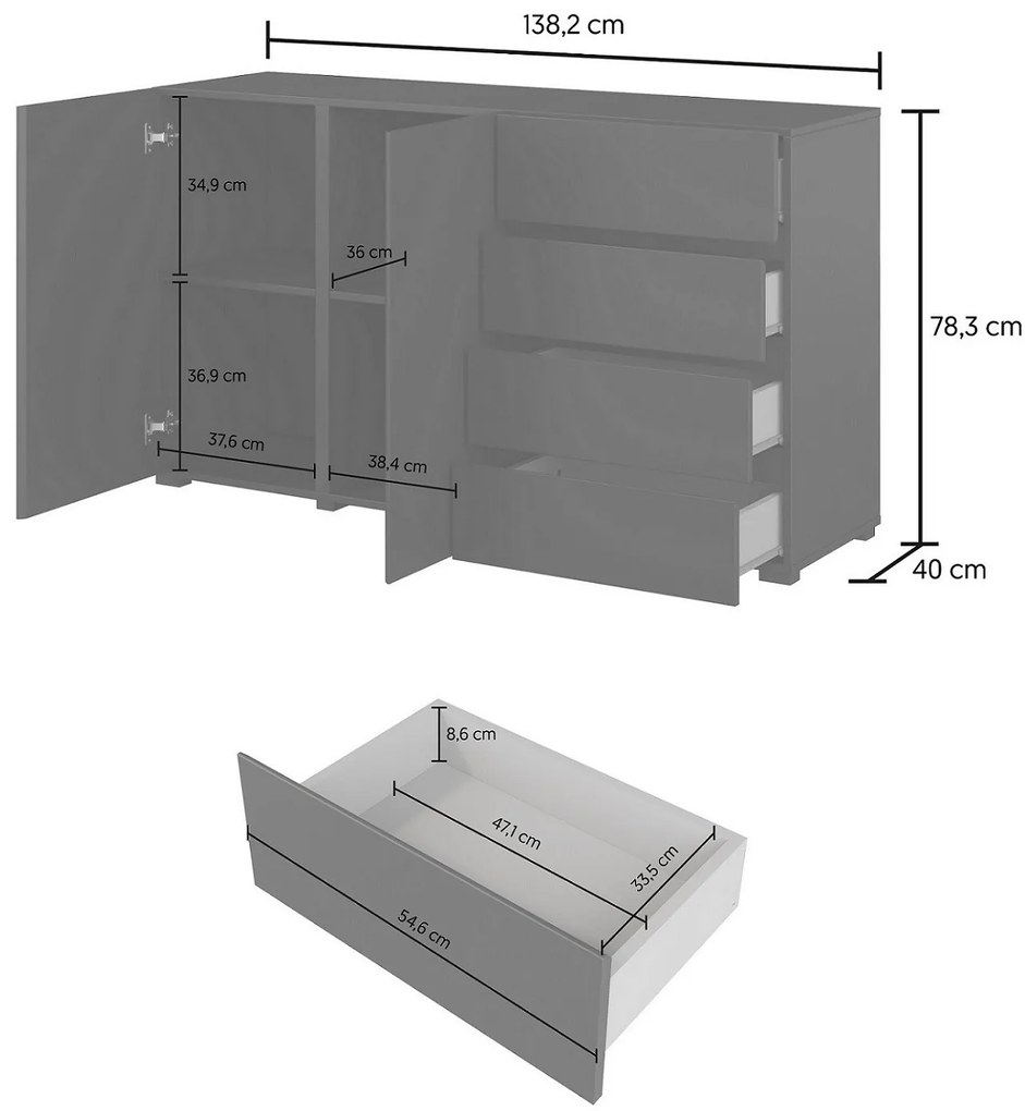 Helvetia Prostorná komoda Asymetric v černém odstínu - 4 zásuvky, 2 dvířka