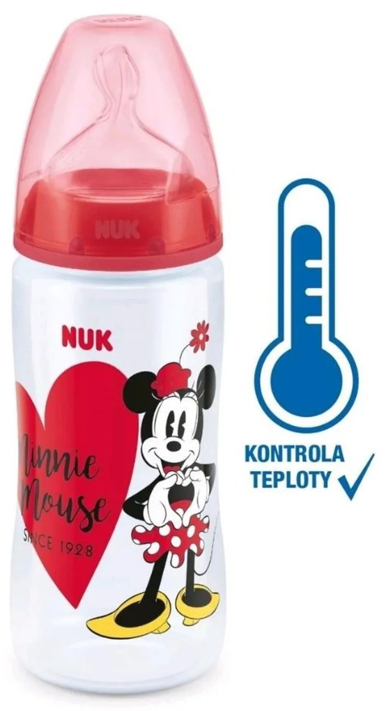 Kojenecká láhev na učení NUK Disney Mickey s kontrolou teploty 300 ml červená