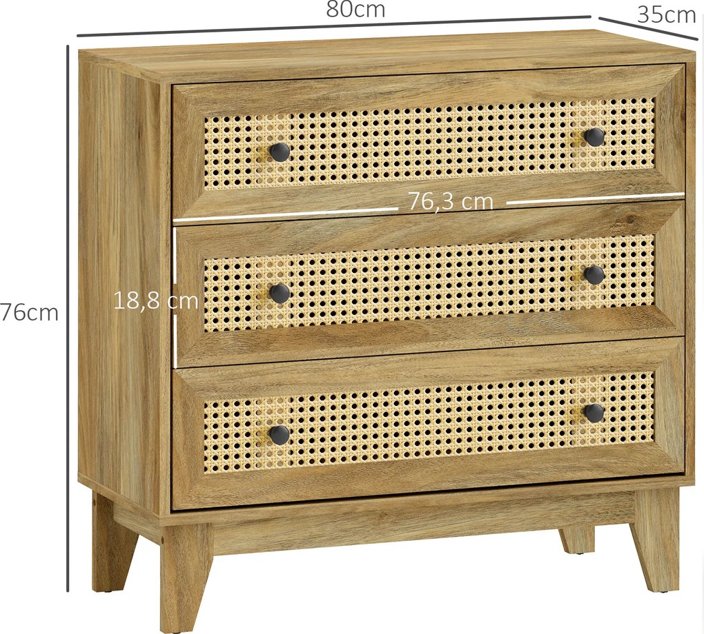 HOMCOM Úložný kabinet s 3 zásuvkami z ratanu 80 x 35 x 76 cm v jemném dřevěném vzhledu