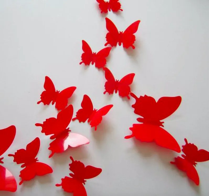 Samolepka na zeď "Plastové 3D Motýli - Červené" 12ks 5-10 cm