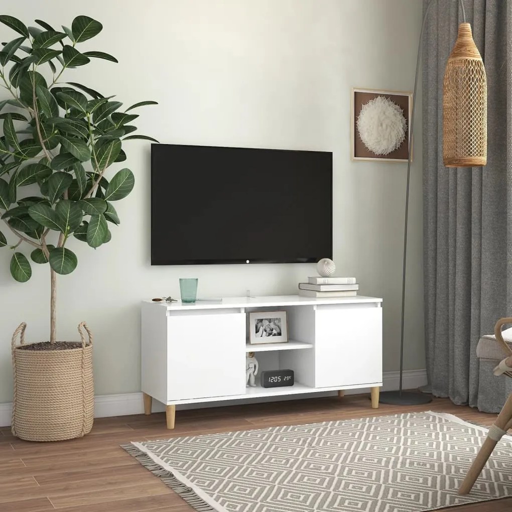 805959 vidaXL TV skříňka s nohami z masivního dřeva bílá 103,5 x 35 x 50 cm