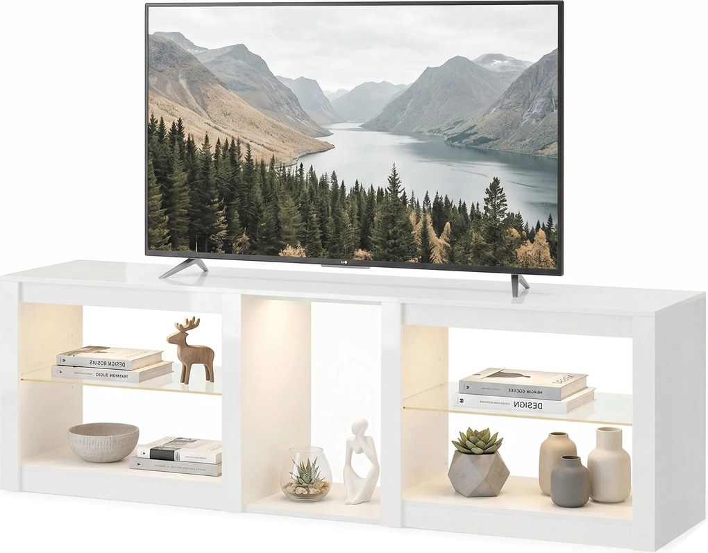 HOMCOM TV komoda s RGB LED osvětlením, moderní TV nábytek s nastavitelnými skleněnými policemi, pro televize až do 75 palců, bílá