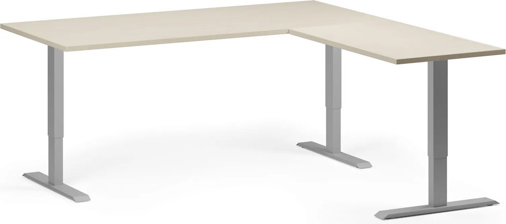 Rohový výškově nastavitelný stůl, 180x180 cm, 3 motory, L/P, šedá podnož, bříza