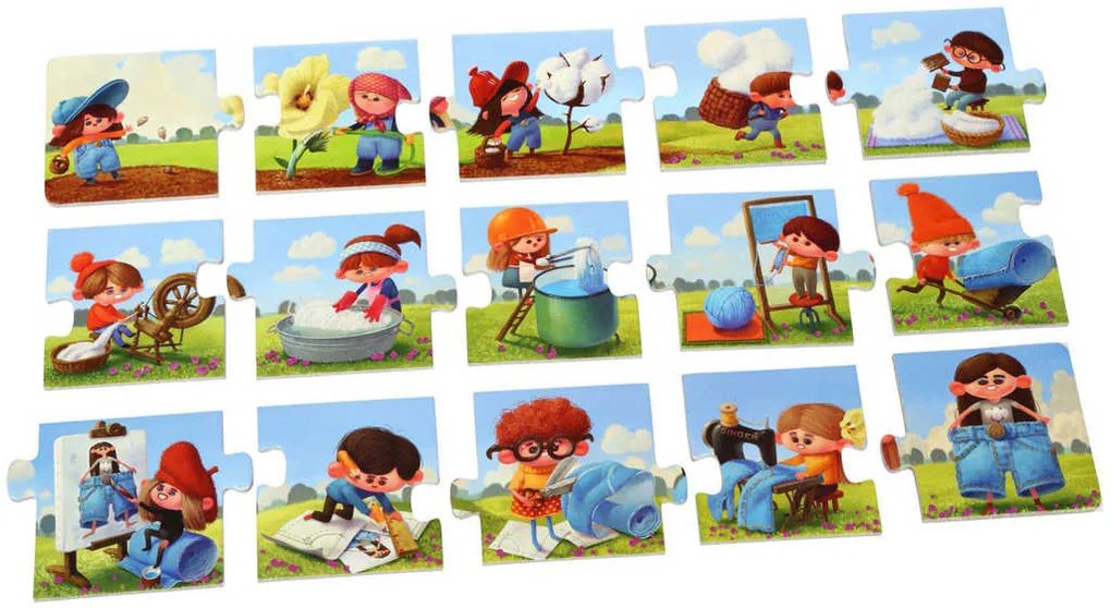 PUZZLIKA Baby dějové puzzle skládačka Výroba džínů velké dílky set 15ks pz14231