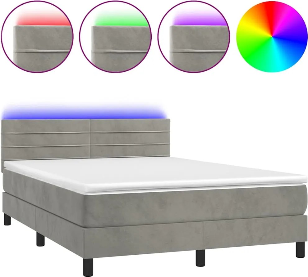 Box spring postel s matrací a LED světle šedá 140x200 cm samet 3134465