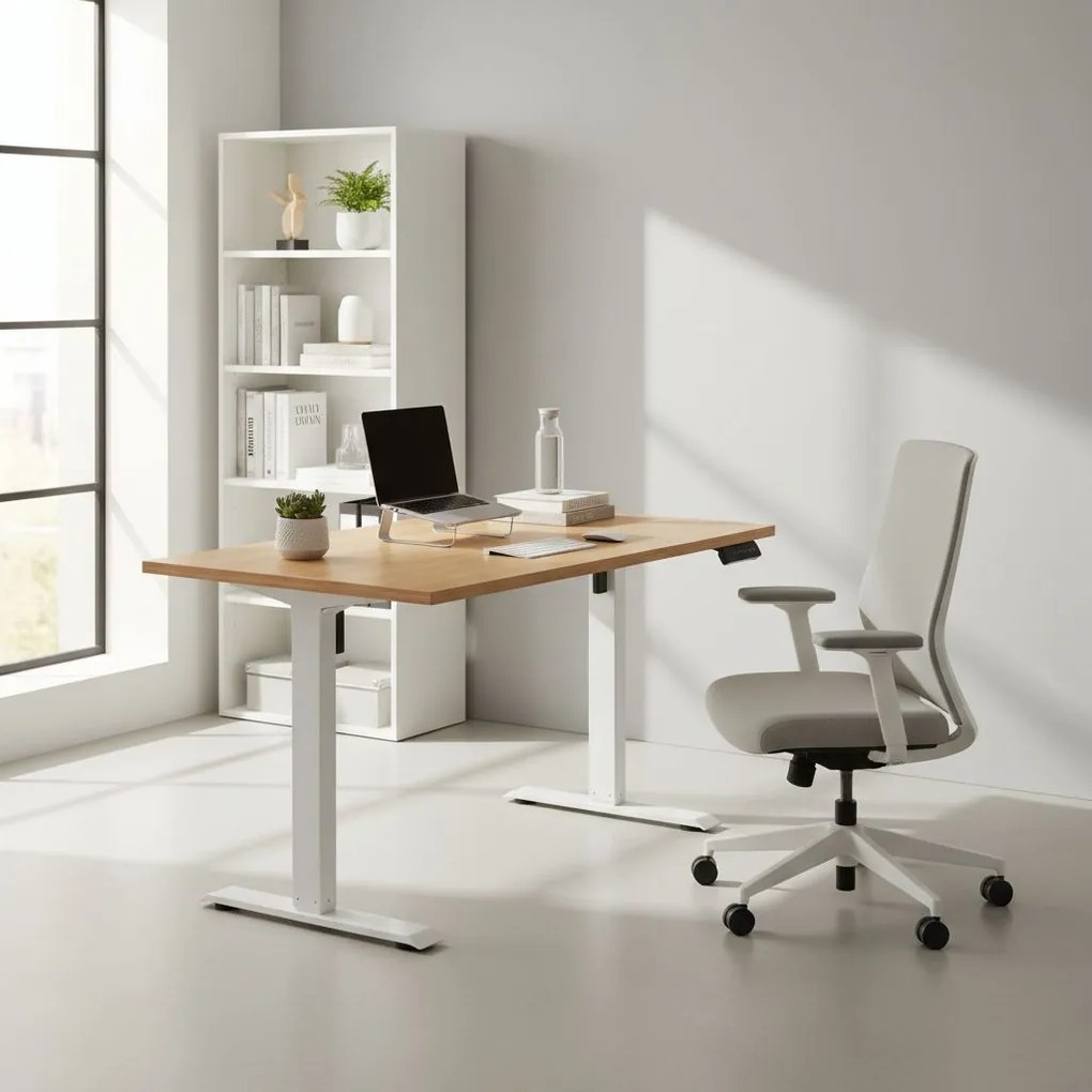 Výškově nastavitelný stůl OfficeTech B, 140 x 80 cm, bílá podnož, dub kraft
