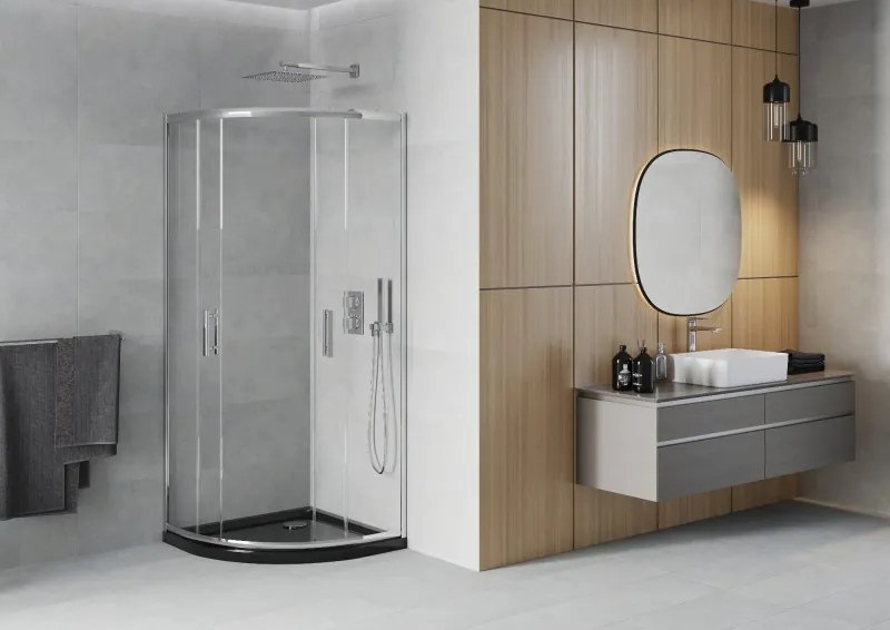 Mexen Rio, čtvrtkruhový sprchový kout 90 x 90 cm, 6mm čiré sklo, chromový profil + černá sprchová vanička, 863-090-090-01-00-4170