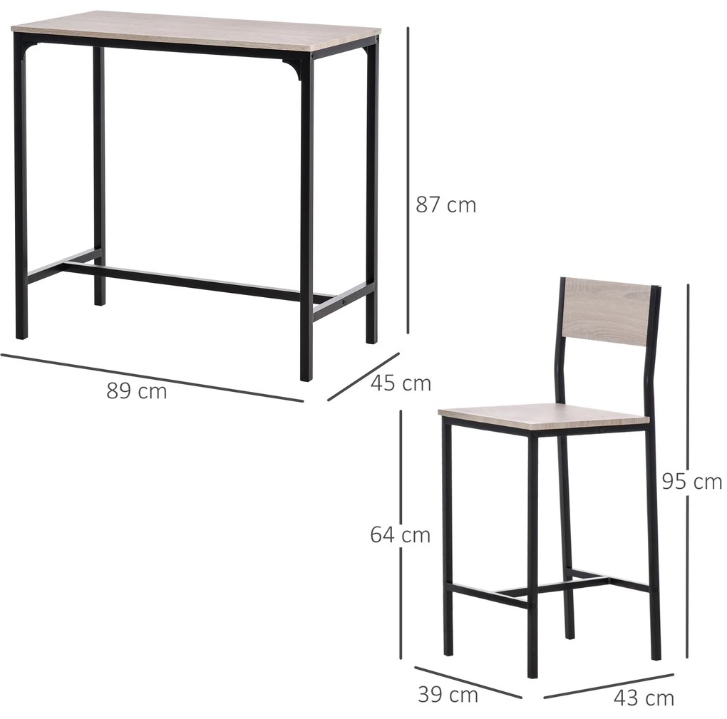 HOMCOM Barový stůl se 2 židlemi 3-dílná stolová sestava barová židle MDF v přírodní a černé barvě 89x45x87cm do kuchyně a jídelny | Aosom.de