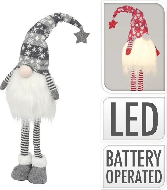 Vánoční skřítek Sněhulák s LED a dlouhými nohami – šedý 90 cm