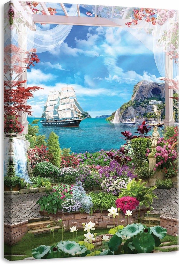 Obraz 50x70 Mořská krajina kvetoucí zahrada modré moře plachetnice ostrov