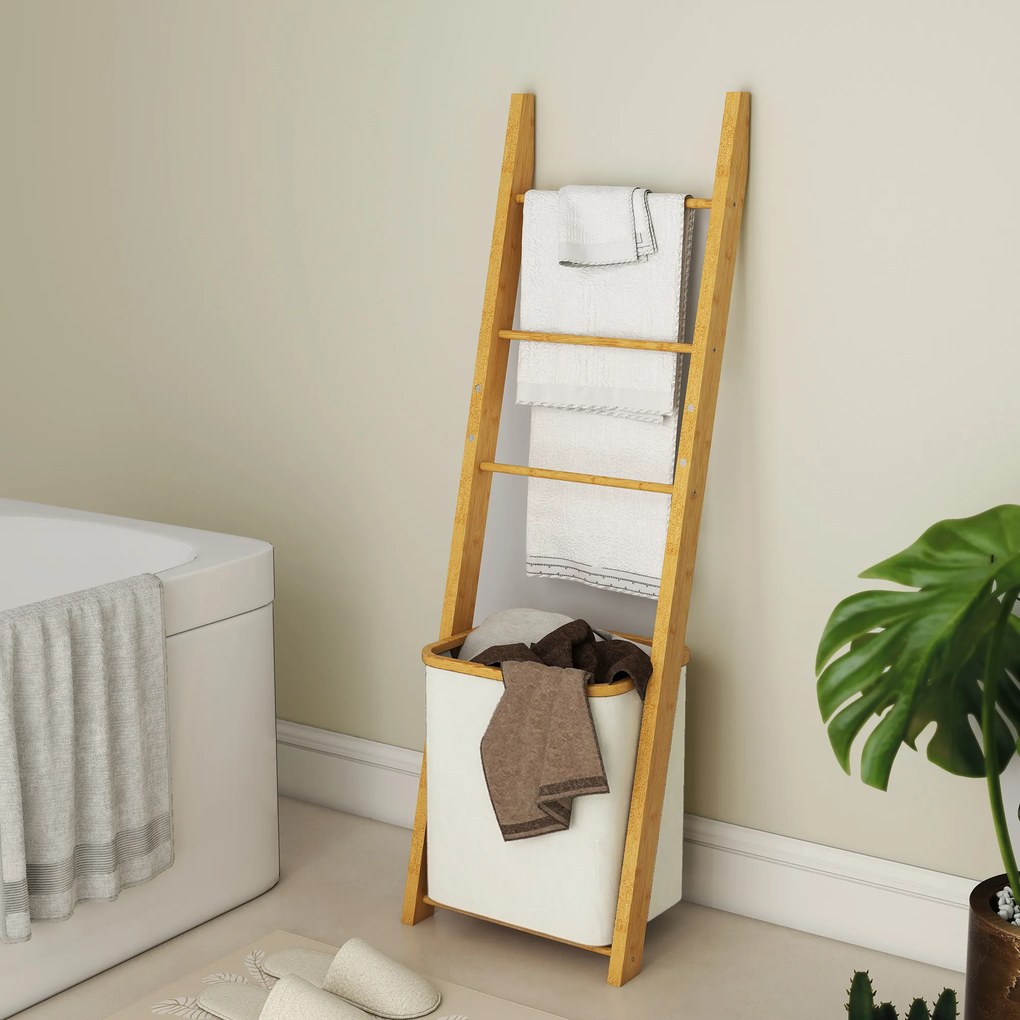 HOMCOM Koupelnový regál, 2-v-1, s 3 tyčemi, odnímatelný koš na prádlo 48 l, bambus, 43 x 35 x 133 cm, krémově bílý
