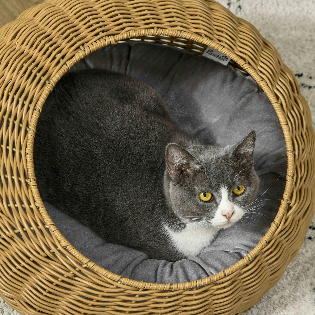 PawHut ratanový košík pro kočky s polštářem pro kočky do 4 kg, vnitřní jeskyně pro kočky z PE ratanu, Ø50 x 31 cm, světle hnědý pro útulné útočiště |…