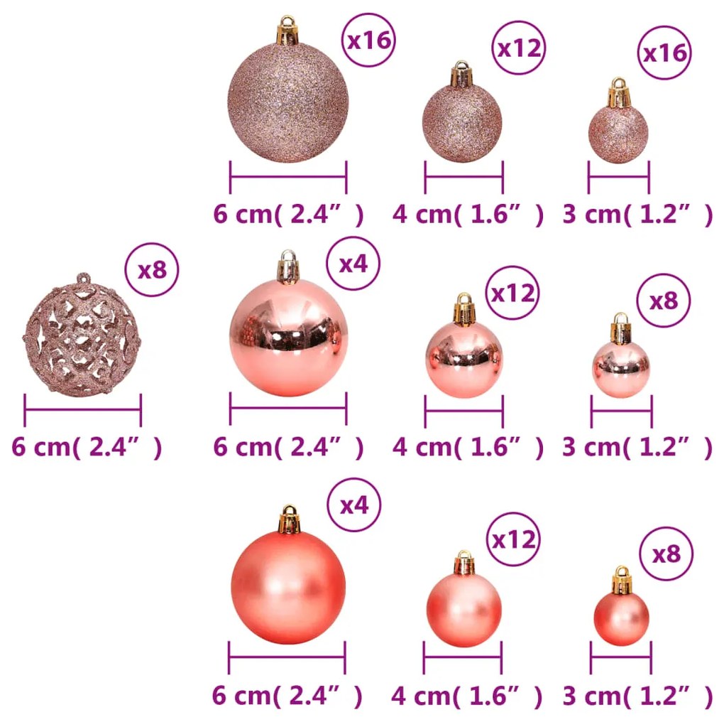 Vánoční ozdoby 100 ks růžové 3 / 4 / 6 cm - Default Title