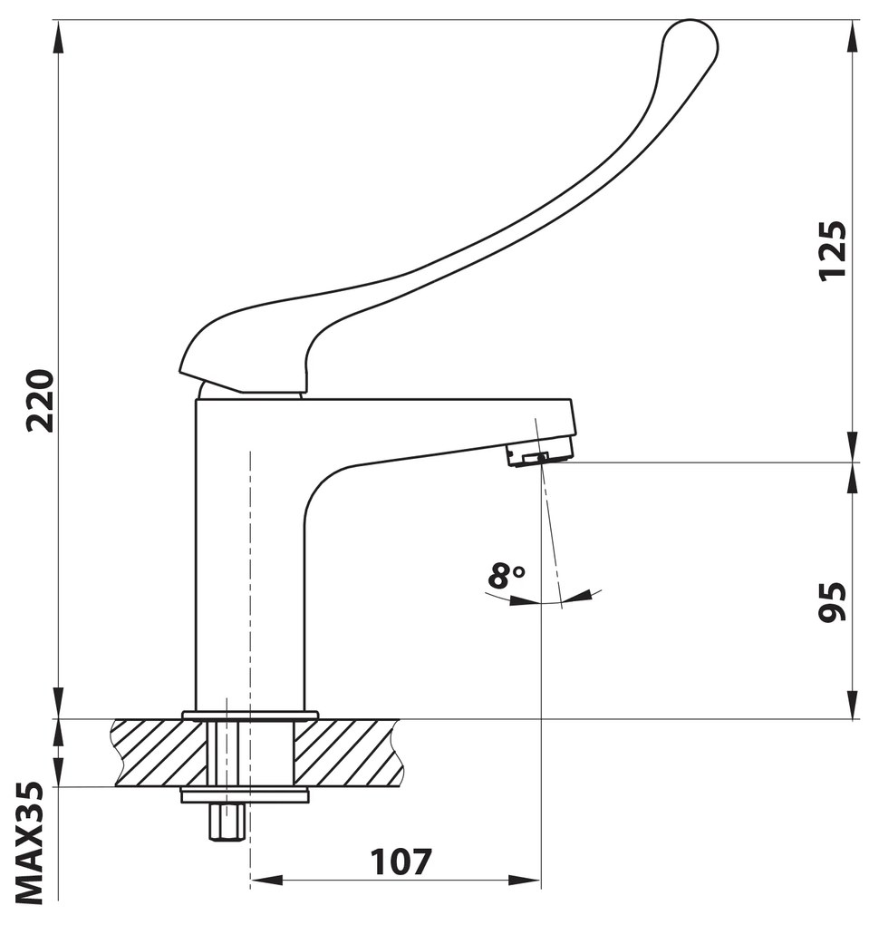 Bruckner, SIEGER stojánková umyvadlová baterie bez výpusti, výška 150mm, lékařská páka, chrom, 914.004.1