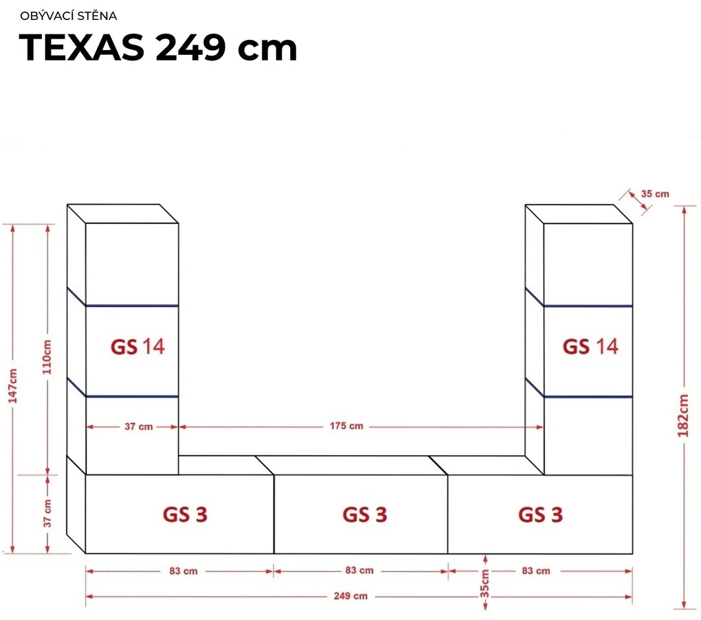 Ral Obývací stěna TEXAS 2, 249 cm - Černý lesk