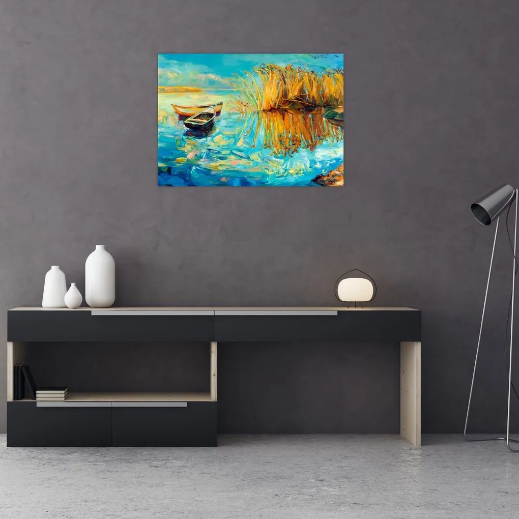 Obraz - Jezero s loďkami (70x50 cm)