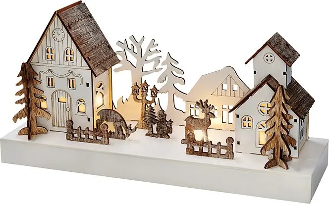 SOLIGHT LED vánoční vesnička, 34x17cm, dřevo, 4 LED, 2x AA