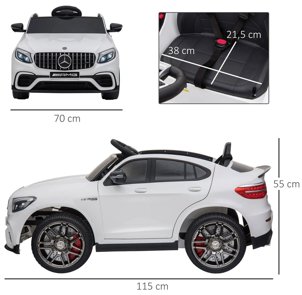 HOMCOM 12V Mercedes-Benz AMG GLC63S COUPE dětské elektrické autíčko s dálkovým ovládáním a bezpečnostním pásem, 2 x 35W motory, bílé 115 x 70 x 55 cm…