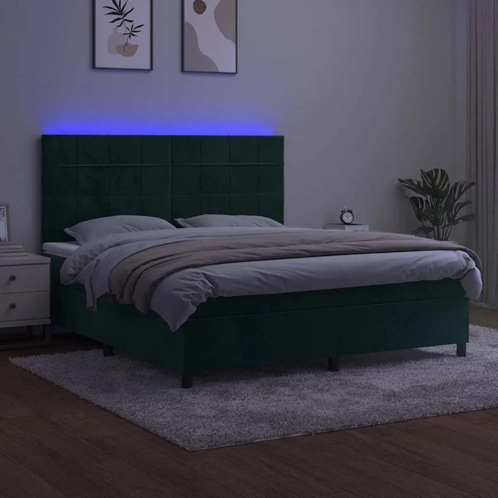 Box spring postel s matrací a LED tmavě zelená 180x200 cm samet 3136140