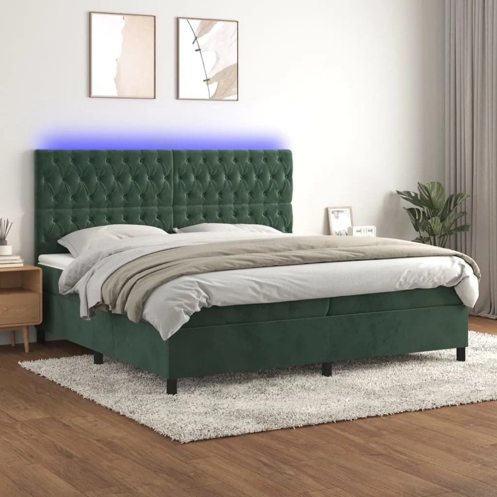 Box spring postel s matrací a LED tmavě zelená 200x200 cm samet 3136326