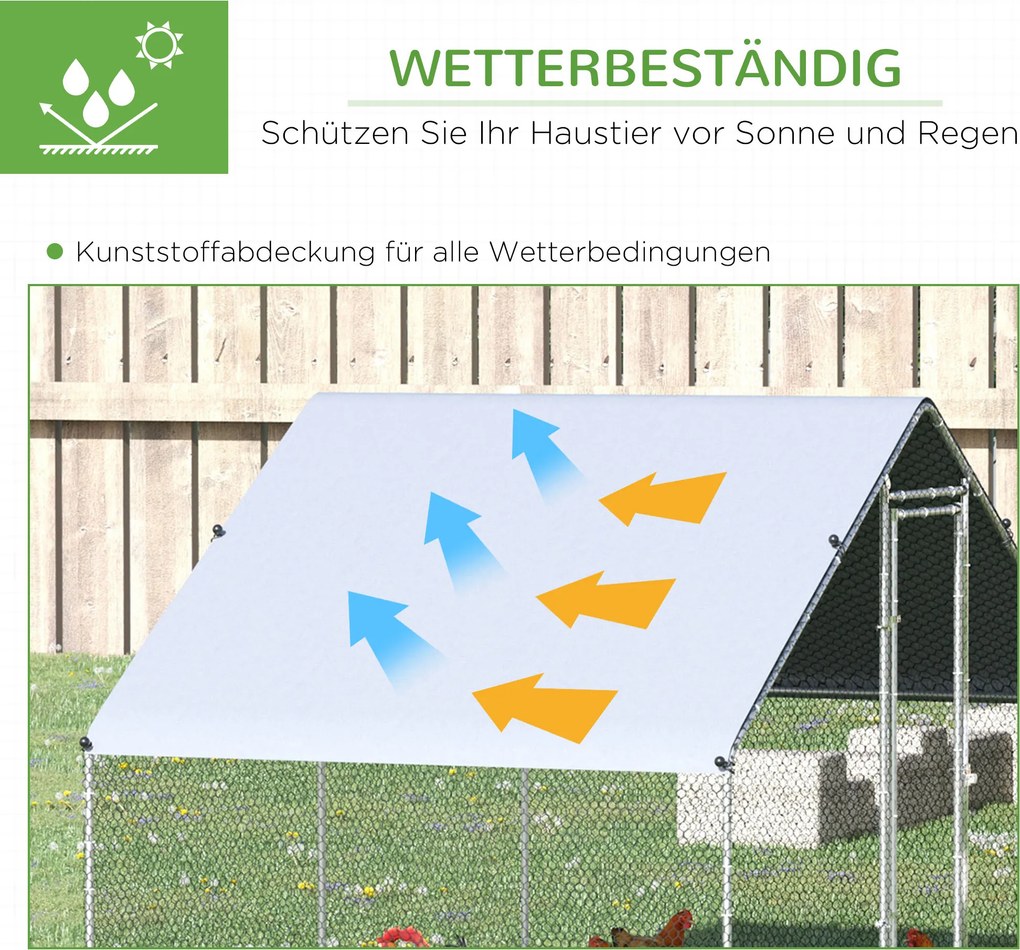 Ocelový kurník PawHut pro volný chov kuřat, 300 x 200 cm, klec pro kuřata s víkem, dvířka, výběh pro 4-6 kuřat, malá zvířata, stříbrný
