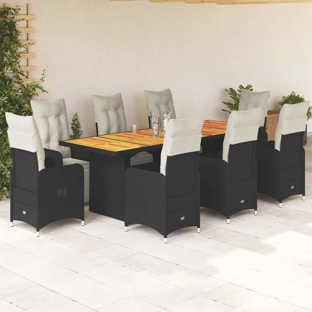 9dílný zahradní bistro set s poduškami černý polyratan 3277289