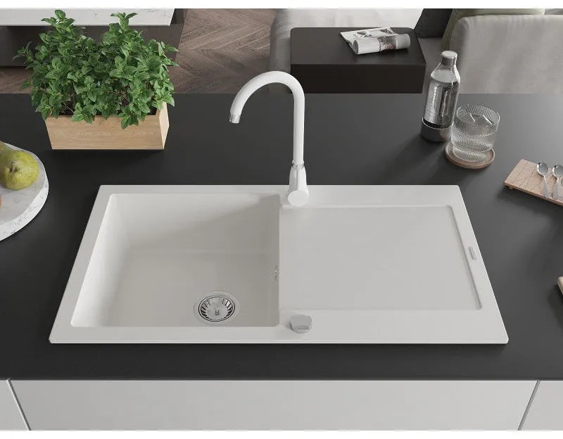 Mexen Leo, 1-komorový granitový dřez s odkapávačem 90x50 cm a kuchyňskou baterií Telma, bílá, 6501-20-670200-20