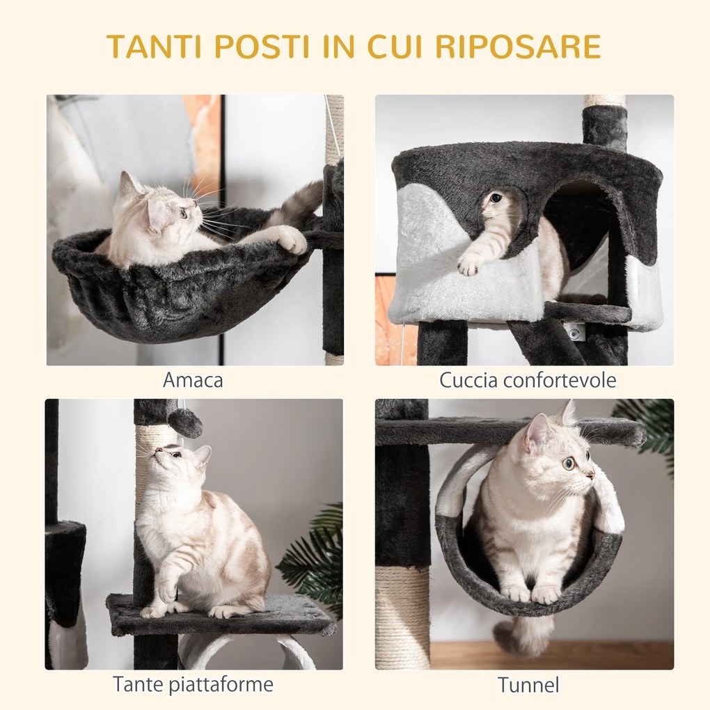 PawHut Stropní Škrabadlo pro Kočky s Nastavitelnou Výškou 240-260 cm, Víceúrovňový Kočičí Stromeček se Sheltry, Hammocky, Schody a Sisalovými Lany, T…