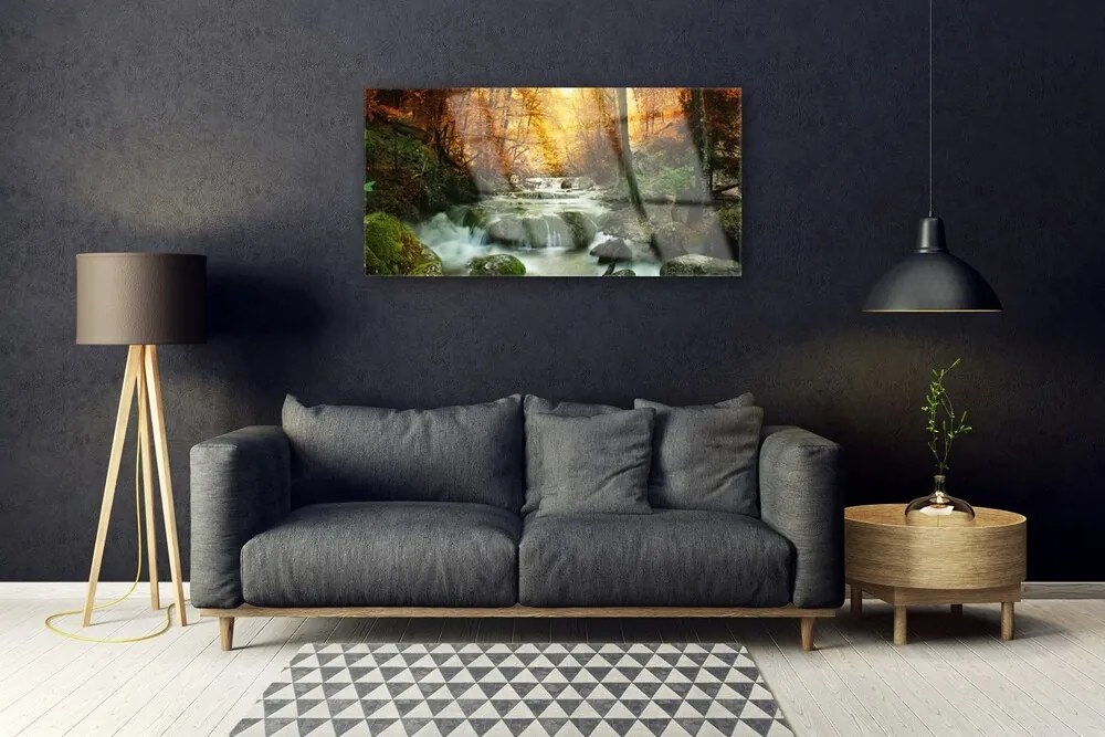 Obraz na skle Vodopád Příroda Les Podzim 120x60 cm