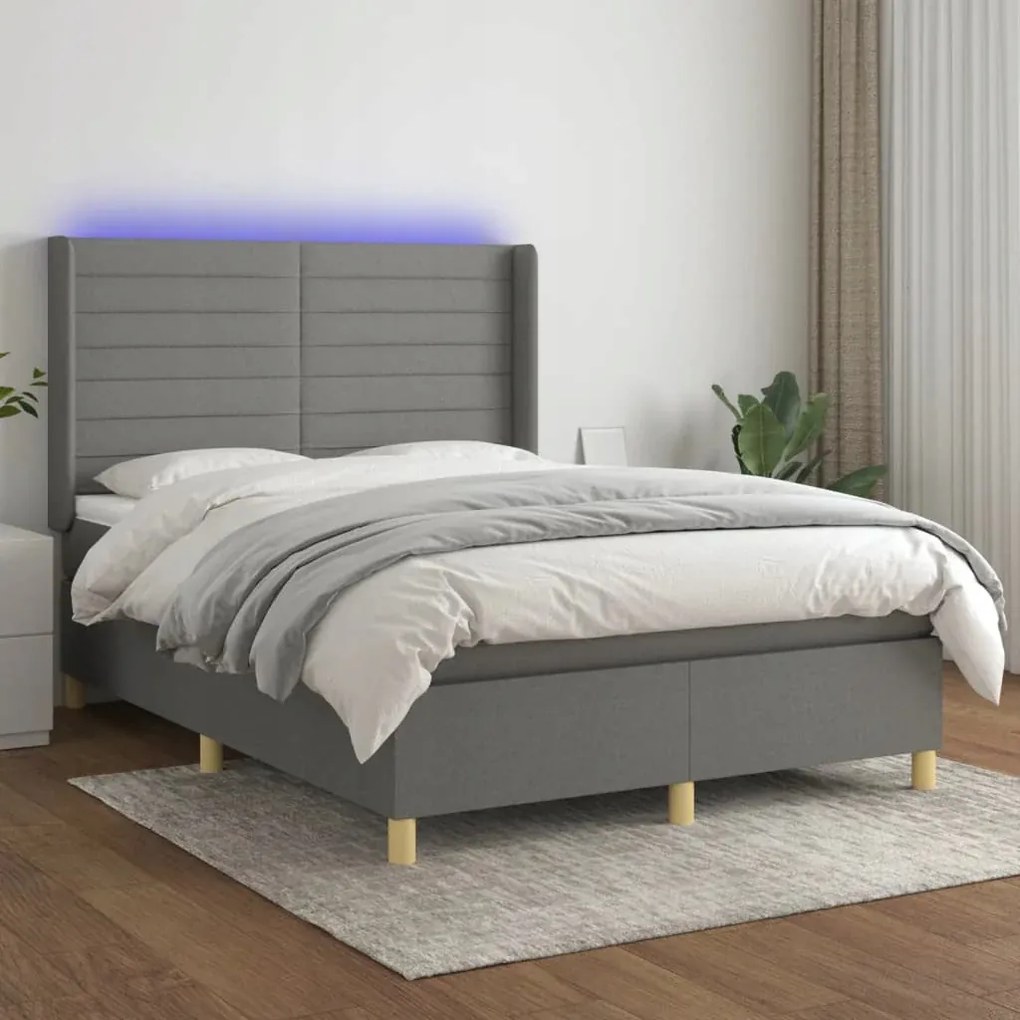 Box Spring Postel S Matrací A Led Textil Tmavě Šedá vodorovné pruhy 140 x