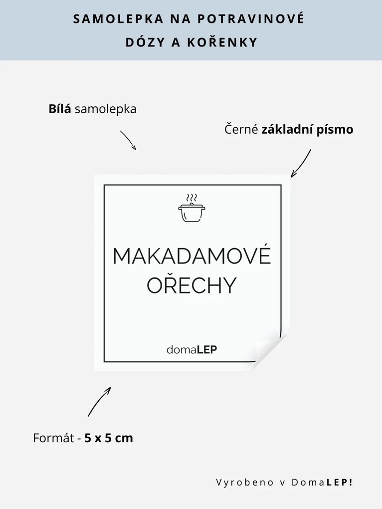 MAKADAMOVÉ OŘECHY – bílá samolepka na dózu, základní písmo, 5 x 5 cm | DomaLEP