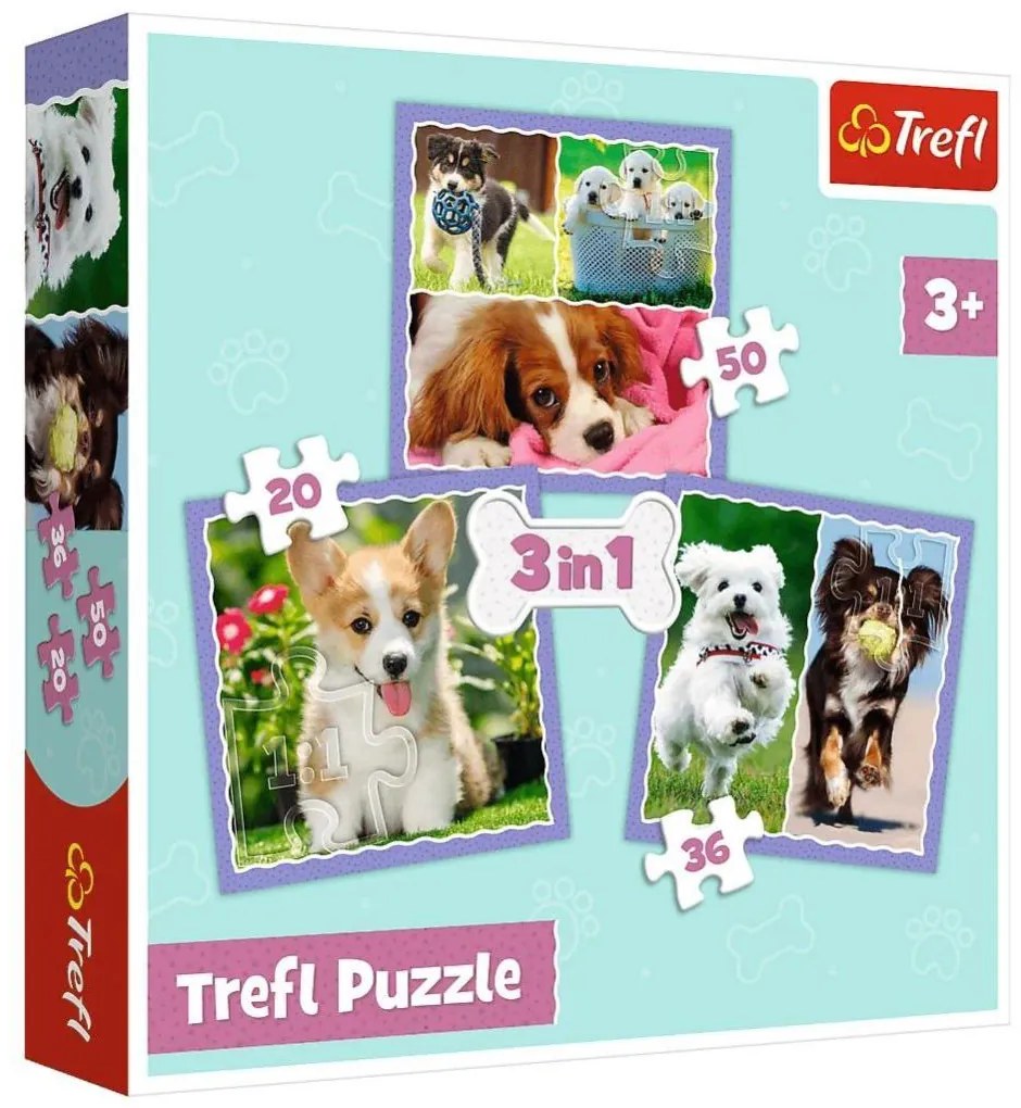 Trefl Puzzle 3v1 Štěňátka 20x19,5cm v krabici 28x28x6cm